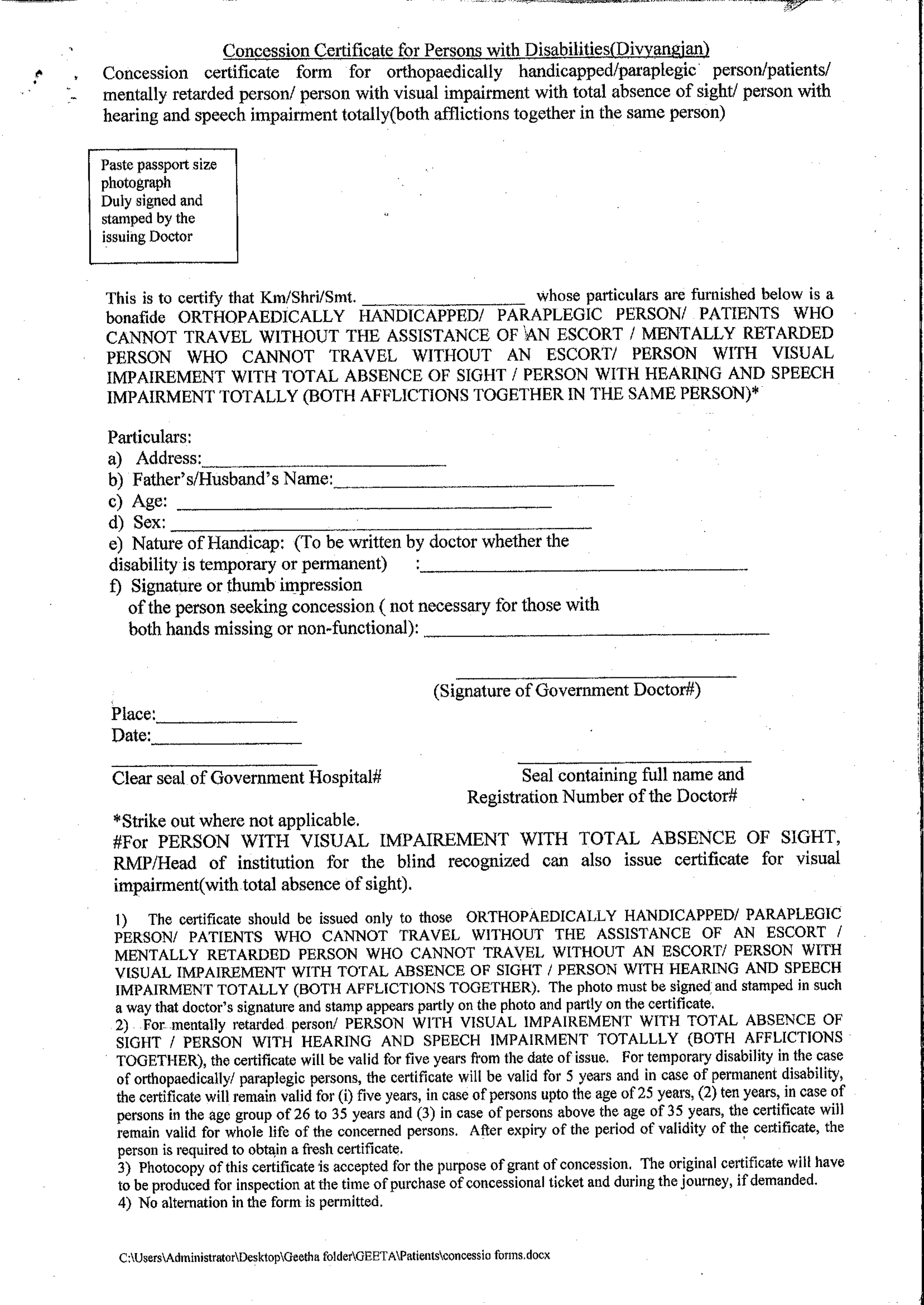 Railway Concession Form For Physically Handicapped 2025 pdf - Rail Travels